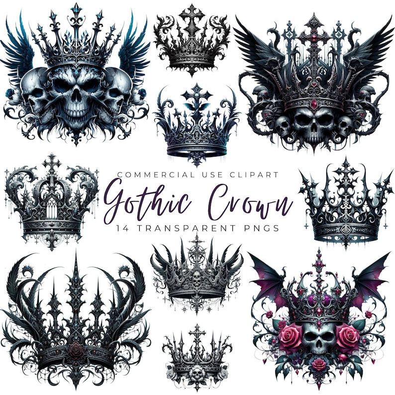 Gothic Crown BUNDLE Clipart, Watercolor Goth Clip Art PNG, Halloween ...