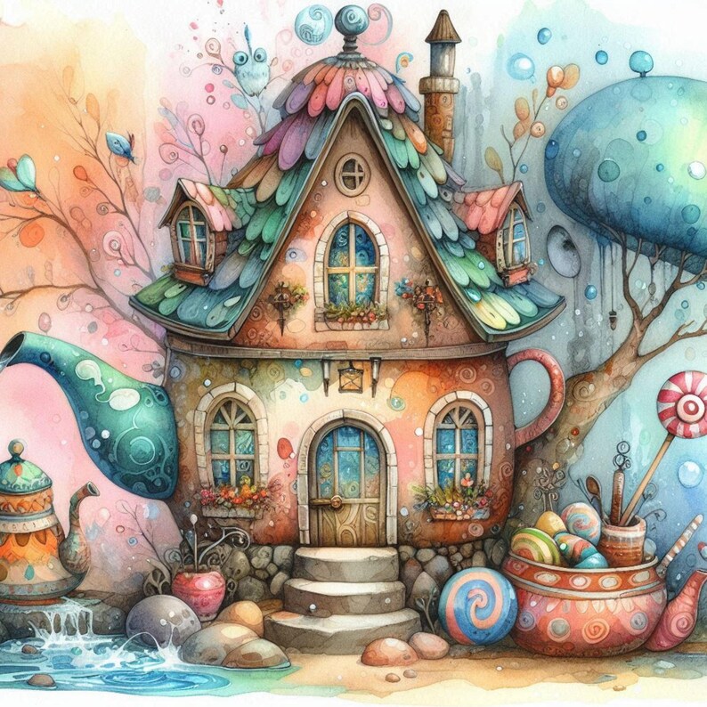 Quirky Whimsical Teapot House Clipart Bundle 10 High Res Watercolor ...