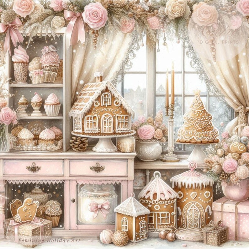 Shabby Chic Gingerbread Bakery Clipart Set, Pink Christmas Cottage Jpg ...