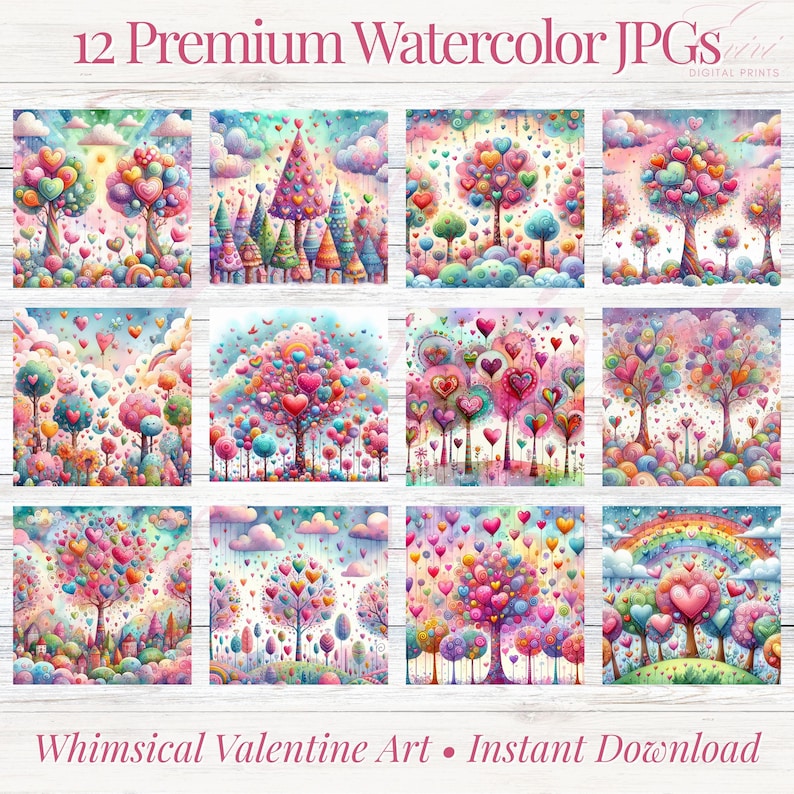 Romantic Heart Tree Watercolor Wall Art Bundle, Printable Pastel Love ...