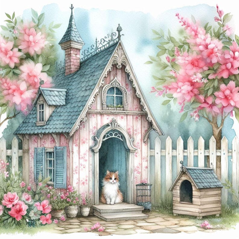 Shabby Chic Cat House Clipart Bundle 10 High Quality Watercolor Jpgs ...