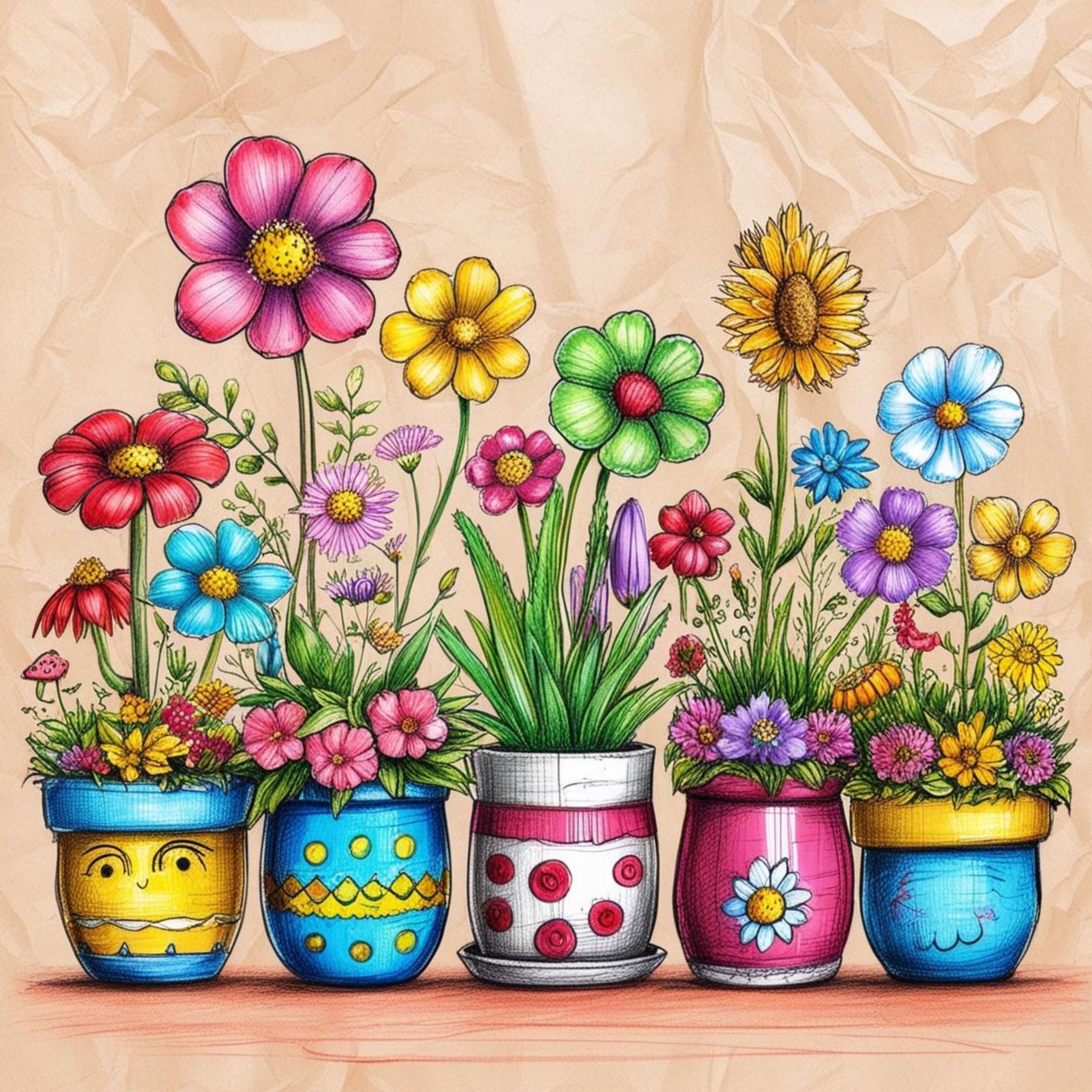 Cute Whimsical Quirky Flower Clip Art Bundle/16 Row of Flowers High Res ...