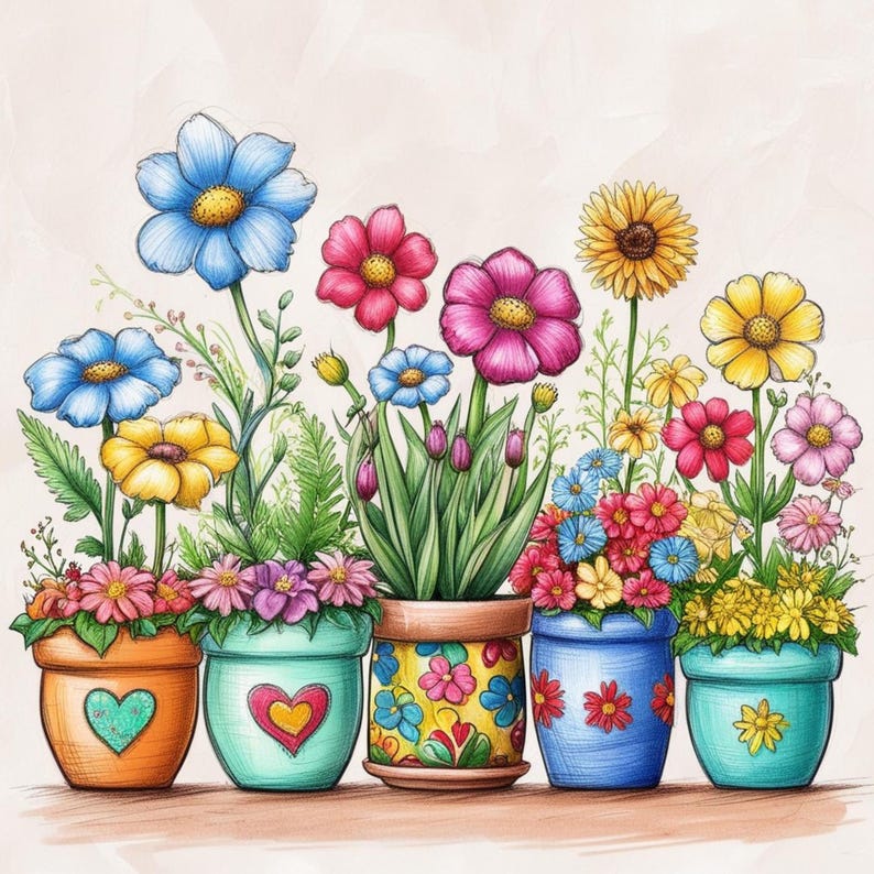 Cute Whimsical Quirky Flower Clip Art Bundle/16 Row of Flowers High Res ...
