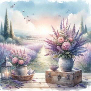 Shabby Chic Lavender Landscape Clip Art Bundle 10 Watercolour JPG Junk ...
