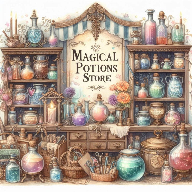 Shabby Chic Magical Potion Shop Clipart Bundle/12 High Watercolor Jpg ...