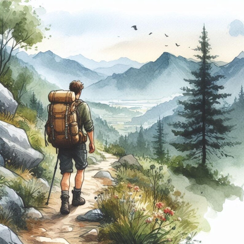 A4 Man Hiking Clipart Bundle/12 Landscape Watercolor Male Hiker Jpgs ...