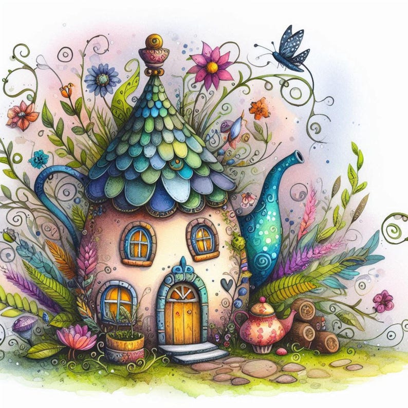 Quirky Whimsical Teapot House Clipart Bundle 10 High Res Watercolor ...