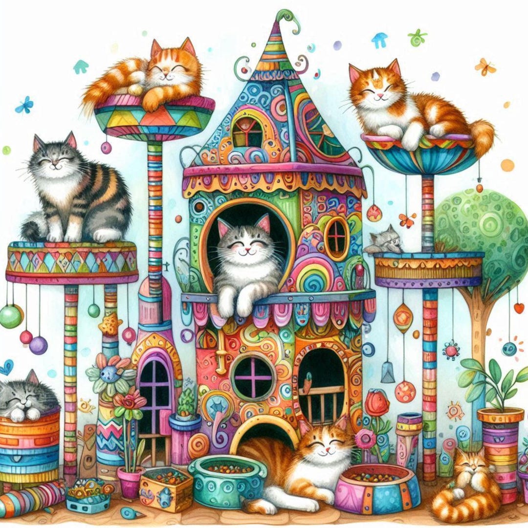 Quirky Cat House Clipart Bundle – Whimsical Watercolor Cat Home ...