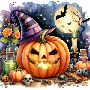 Spooky Pumpkin Halloween Clip Art Bundle/12 High Res Watercolour Jpg ...