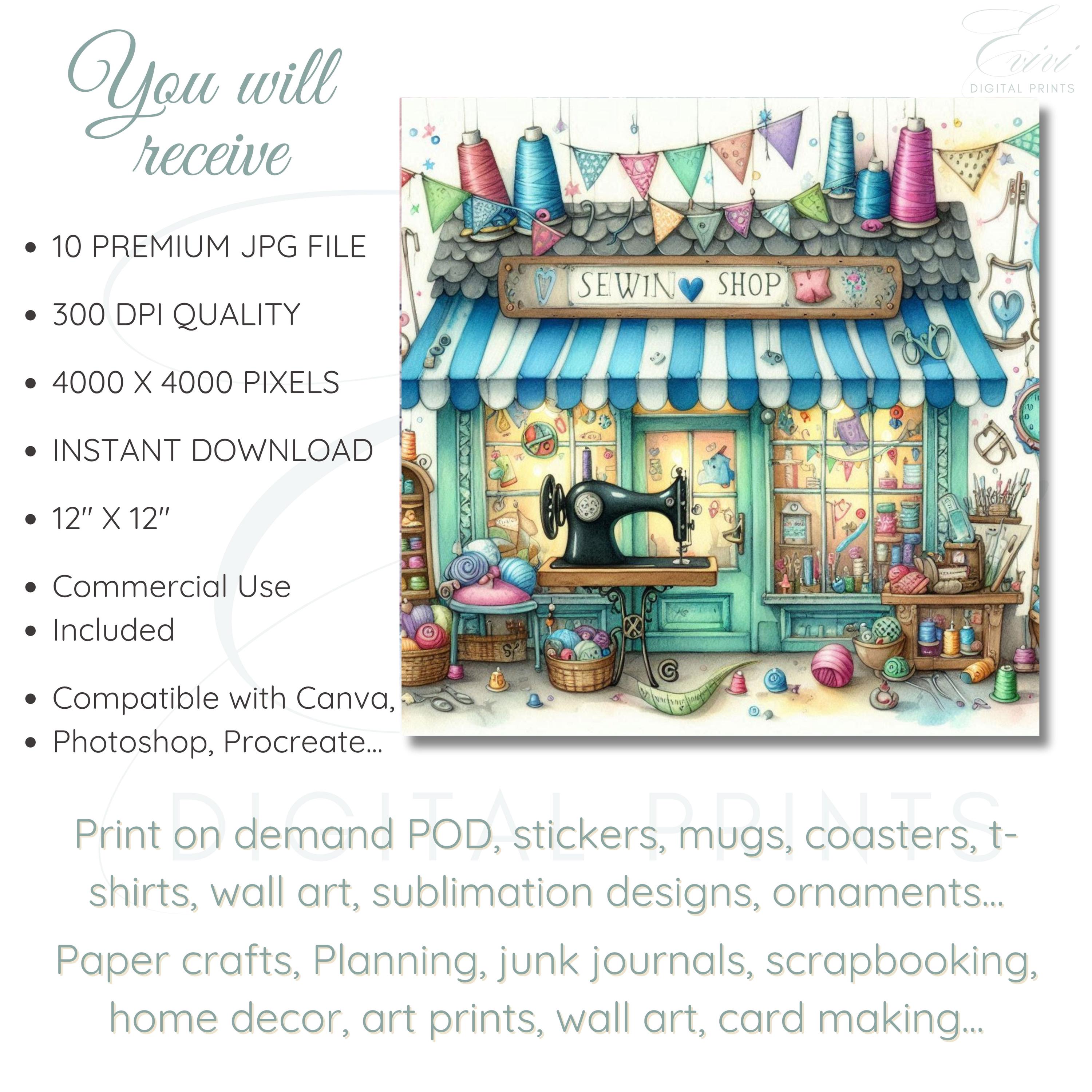 Whimsical Sewing Shop Clipart Bundle, Watercolor Sewing Room Jpgs, Junk ...