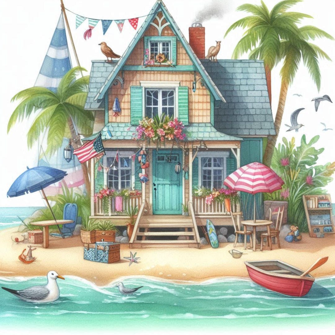 Whimsical Beach House Clipart Bundle/10 Watercolour Jpgs Junk Journal ...