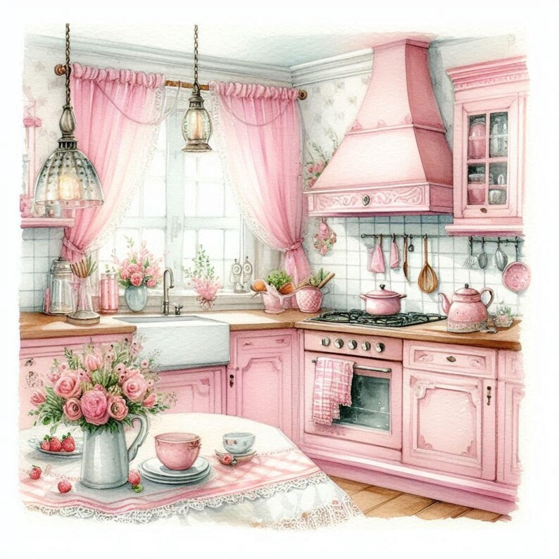 Romantic Pink Kitchen Digital Paper Clipart Bundle/10 Watercolour Jpgs ...