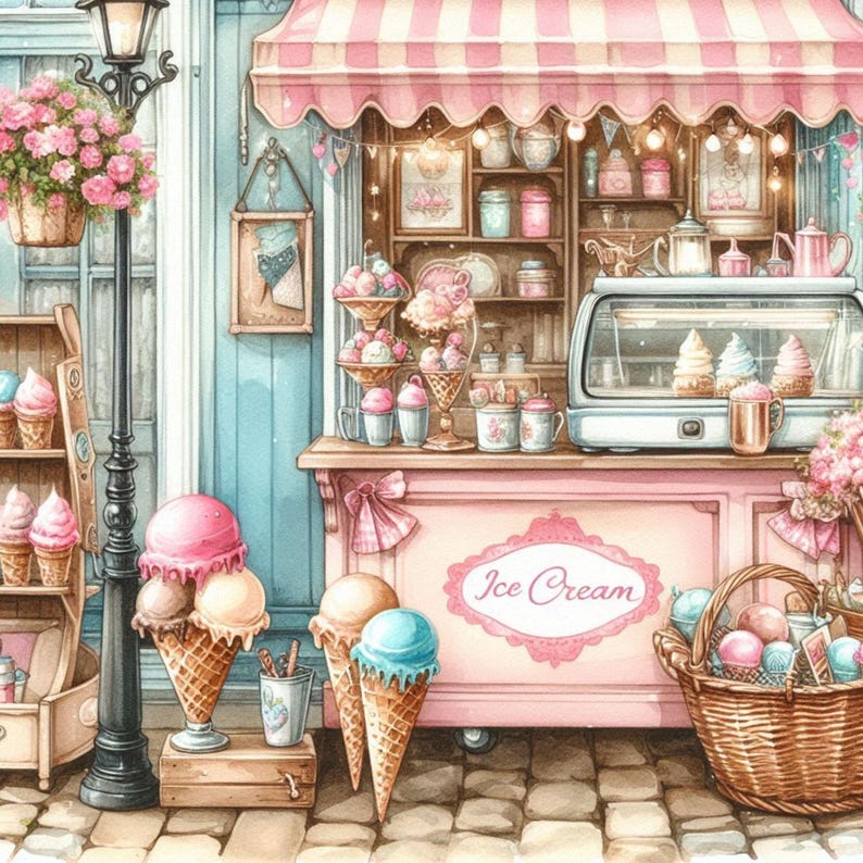 Shabby Chic Ice Cream Shop Clipart Bundle/10 High Res Watercolour Jpgs ...