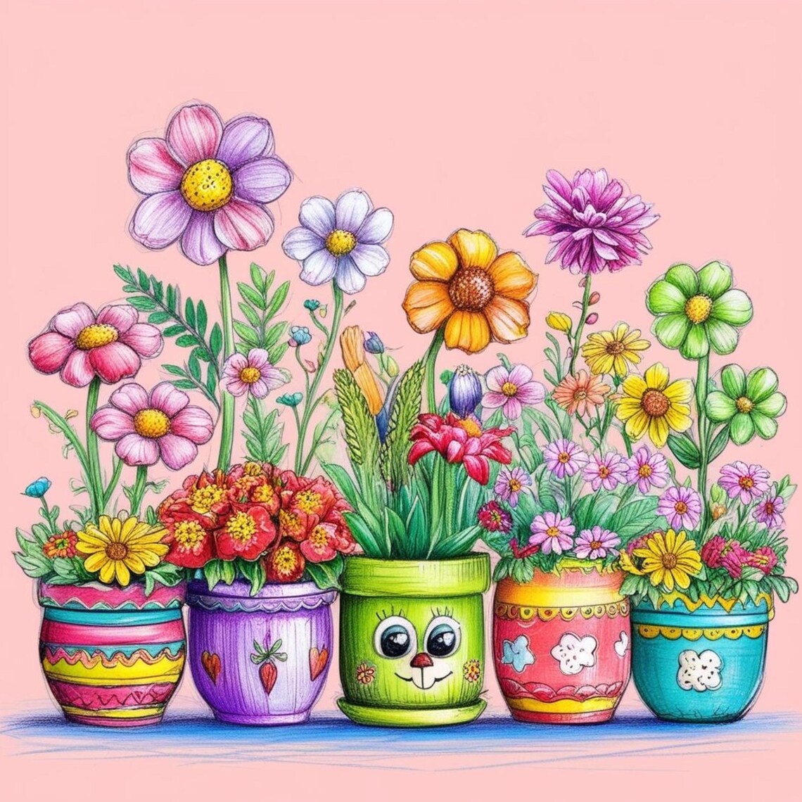 Cute Whimsical Quirky Flower Clip Art Bundle/16 Row of Flowers High Res ...