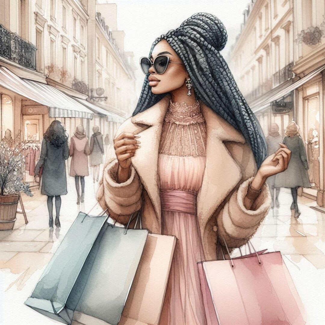 Black Woman Shopping Day Clipart–black Lady With Braids & Pastel Bags ...
