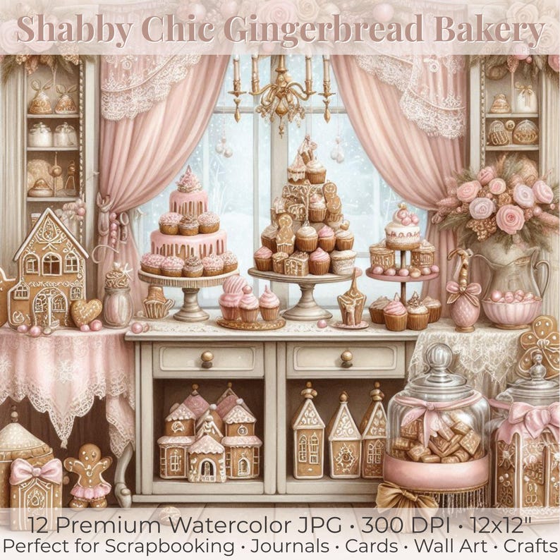 Shabby Chic Gingerbread Bakery Clipart Set, Pink Christmas Cottage Jpg ...