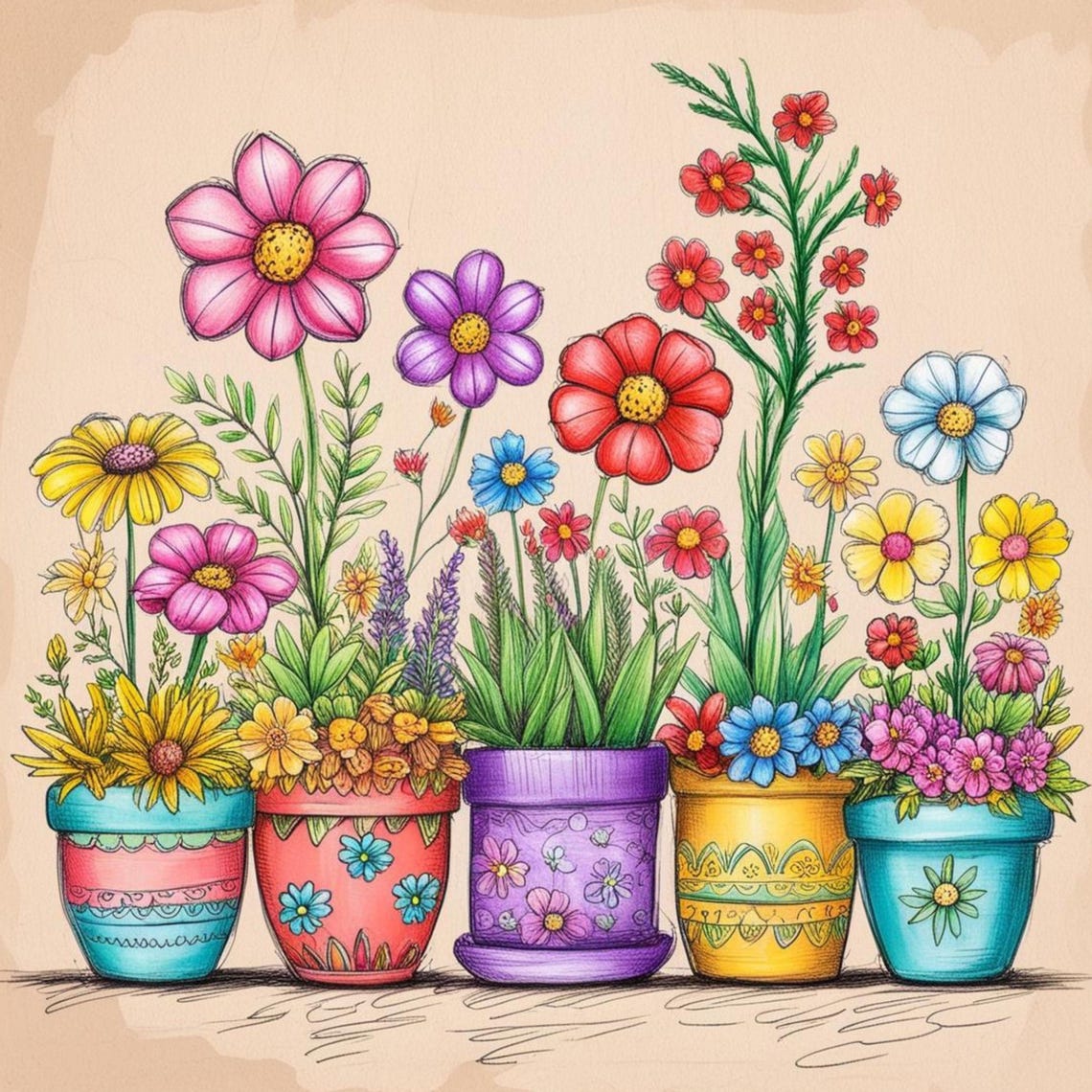 Cute Whimsical Quirky Flower Clip Art Bundle/16 Row of Flowers High Res ...