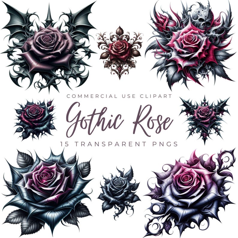 Gothic Rose BUNDLE Clipart/watercolor Goth Clip Art PNG, Halloween and ...