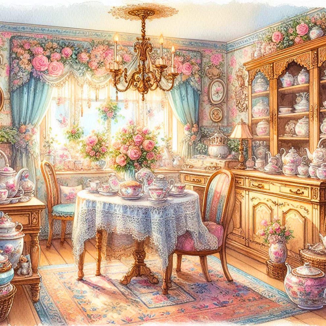 Shabby Chic Tea Room Clipart Bundle, Vintage Tea Set Illustrations ...