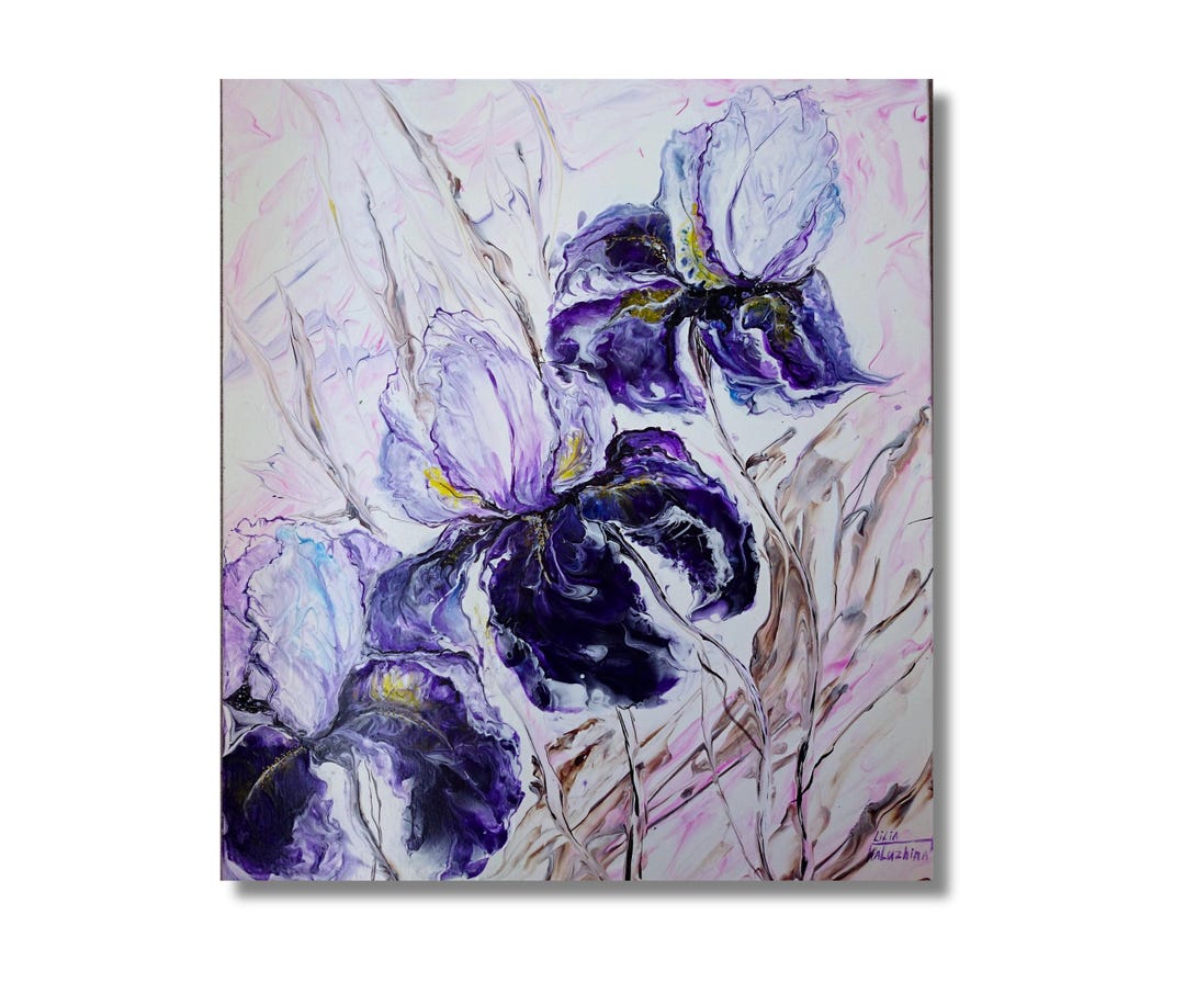 Blue Iris Acrylic Painting: Abstract Botanical Wall Art – Elegant ...