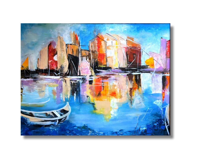 Abstract Oil Seascape Painting: Palette Knife Harbor Art on Canvas ...