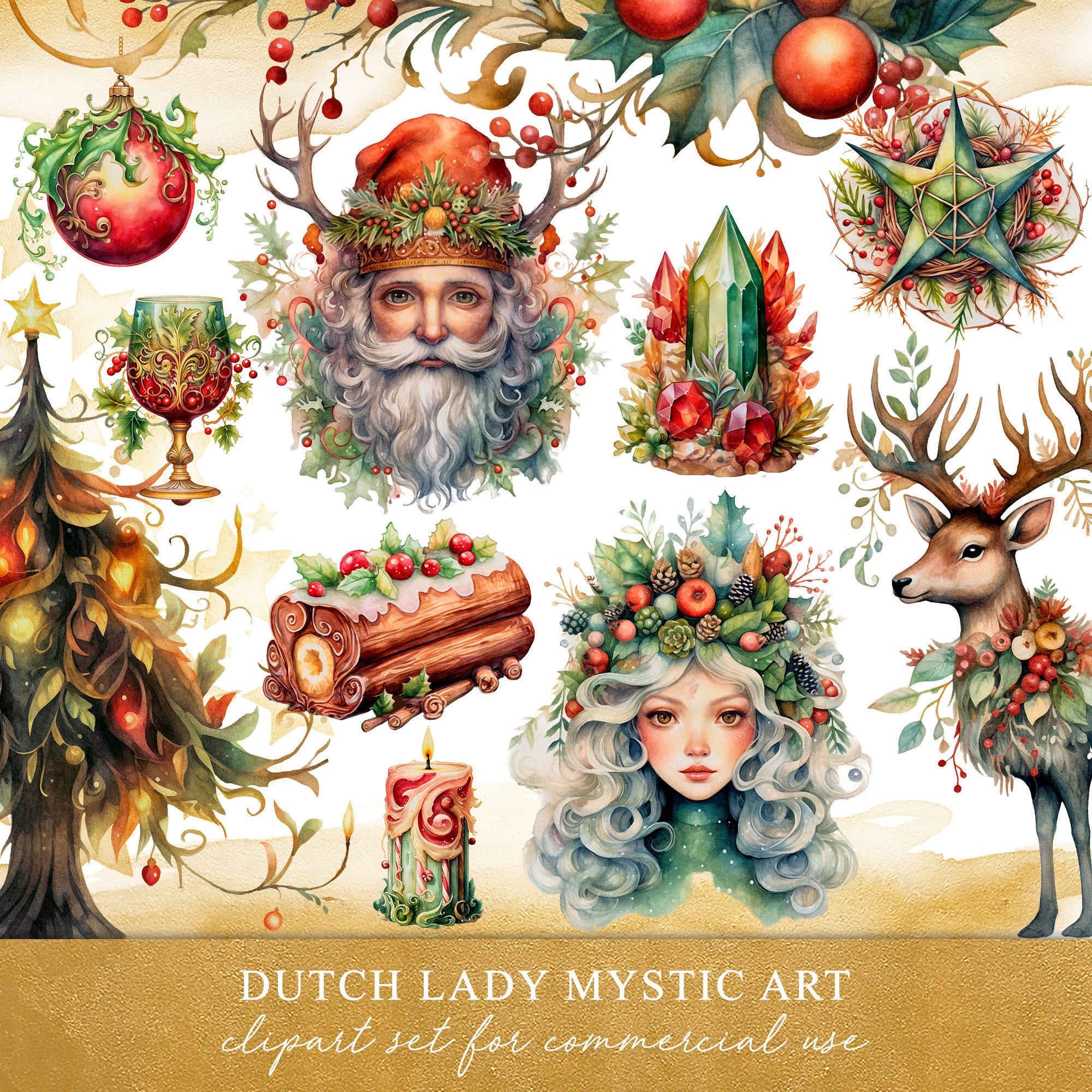 Winter Solstice Clipart Set Yule Wiccan & Pagan Christmas Celebration Watercolor Midwinter ...