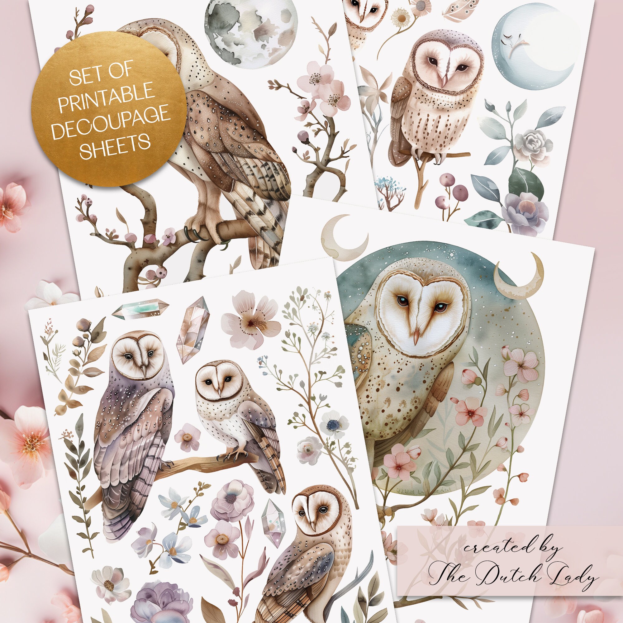 Watercolor Owls PRINTABLE Decoupage Sheets, Digital Junk Journal Paper ...
