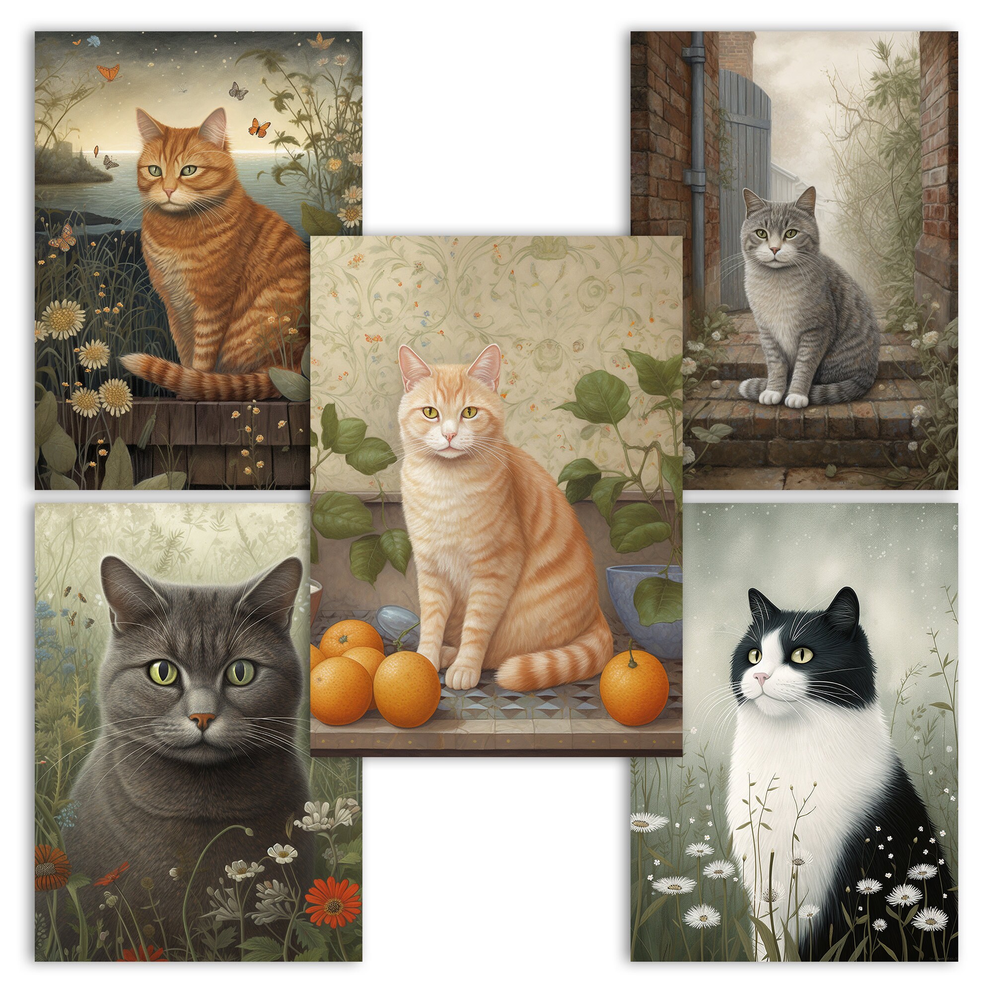Cats Postcard and Poster Set Printable Digital Designs Animal Art ...