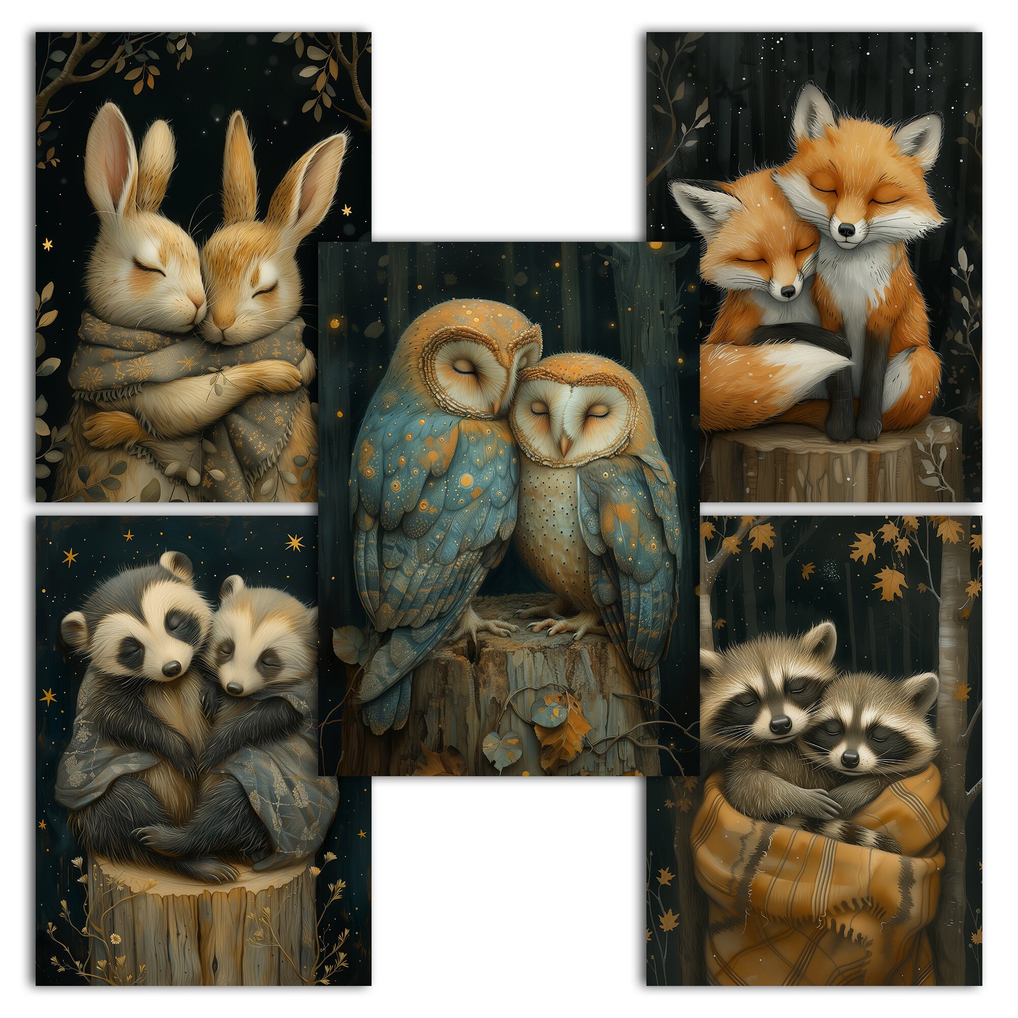 Cuddling Animals Postcard and Poster Set, Printable Digital Art, Cute ...