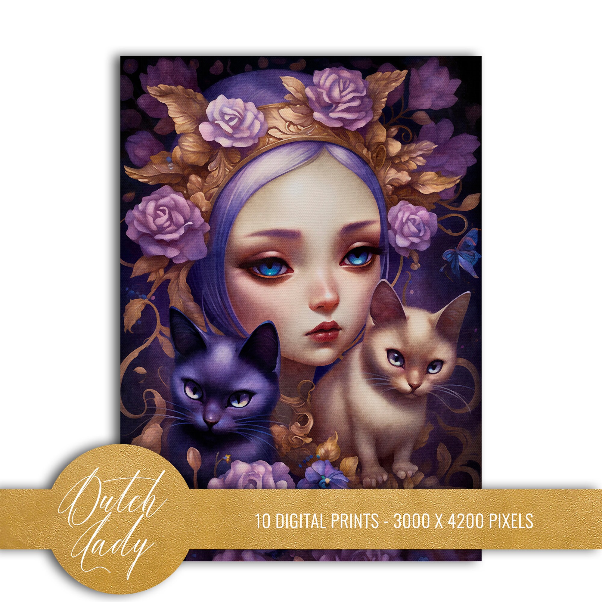 Cat Lady Portrait Postcard and Poster Set, Girls Holding Cats, Mystic ...
