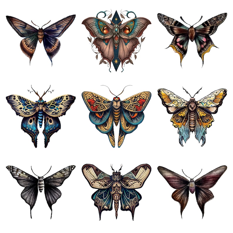 Mystical Gothic Moth Clipart Set - Watercolor Decorations - Digital ...