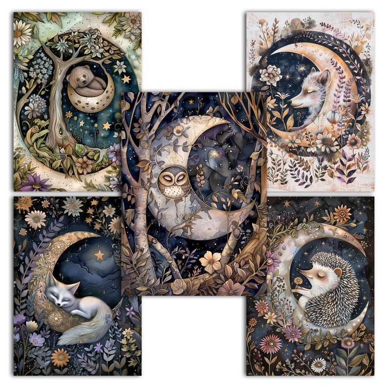 Moon Animals Postcard and Poster Set, Printable Digital Art, Forest ...