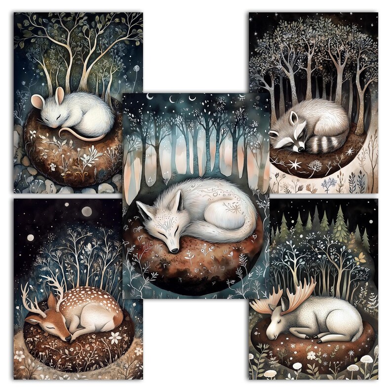 Sleepy Woodlands Postcard & Poster Set, Moonlit Forest Animals, Cute ...