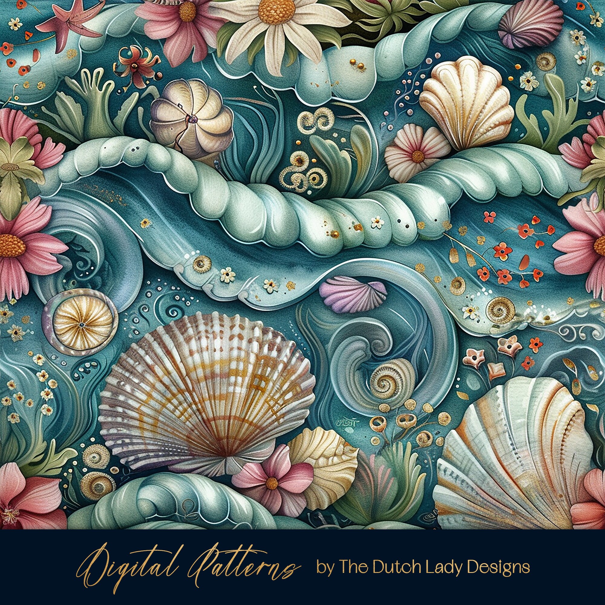 Floral Ocean Digital Backgrounds Scrapbook Paper Seamless Whale, Waves ...