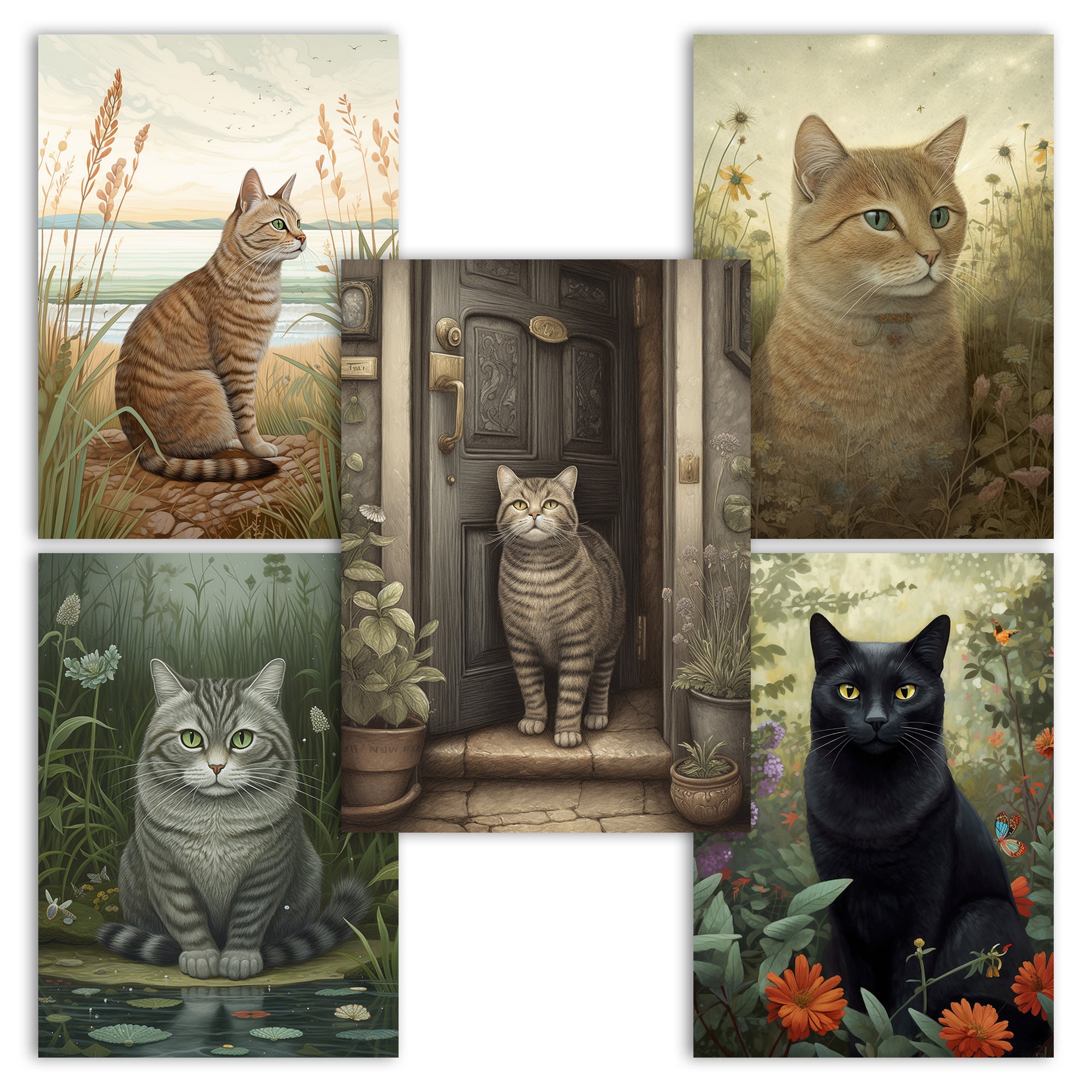 Cats Postcard and Poster Set Printable Digital Designs Animal Art ...