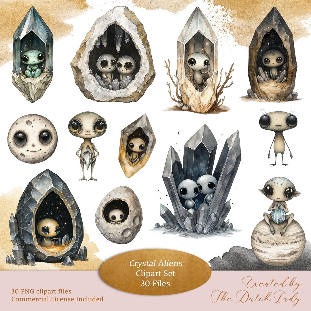 Crystal Aliens Clipart Set: Whimsical Space Graphics (commercial Use ...