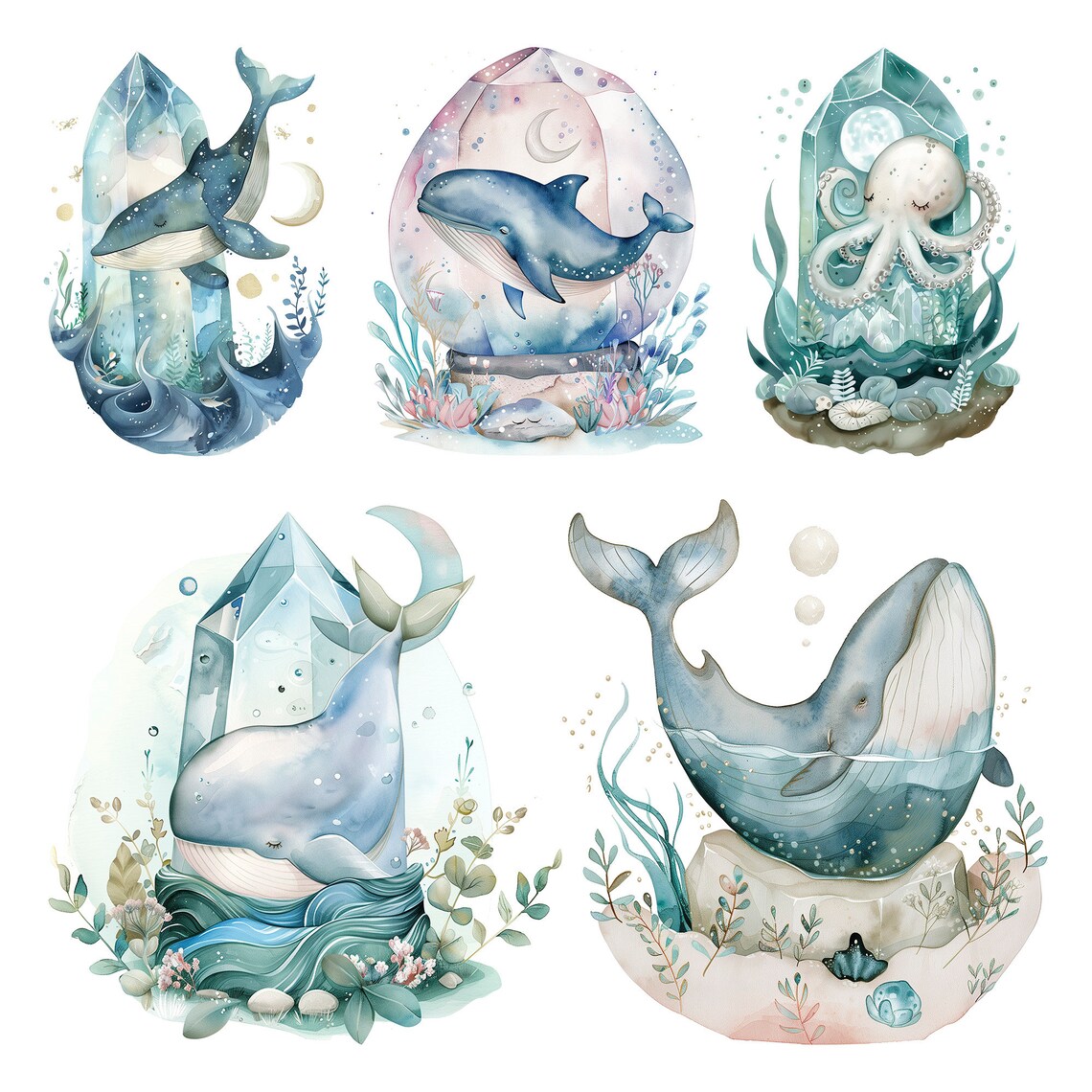 Crystal Ocean Clipart Set, Enchanted Sea Illustrations, Watercolor ...