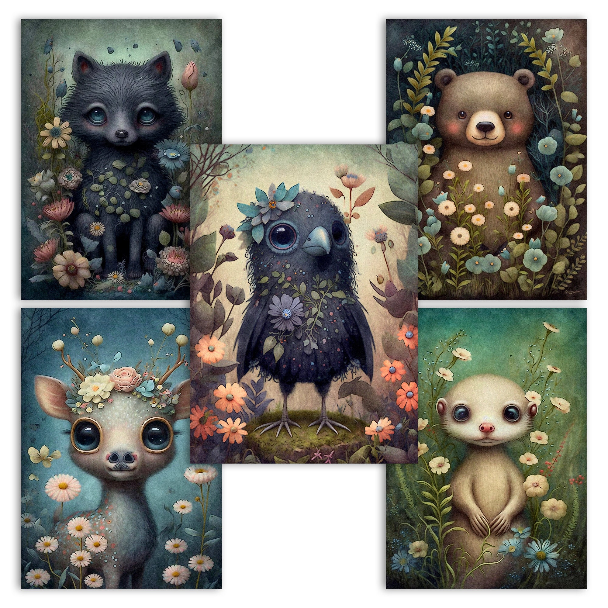 Cute Woodland Animal Postcard and Poster Set, Printable Digital Design ...