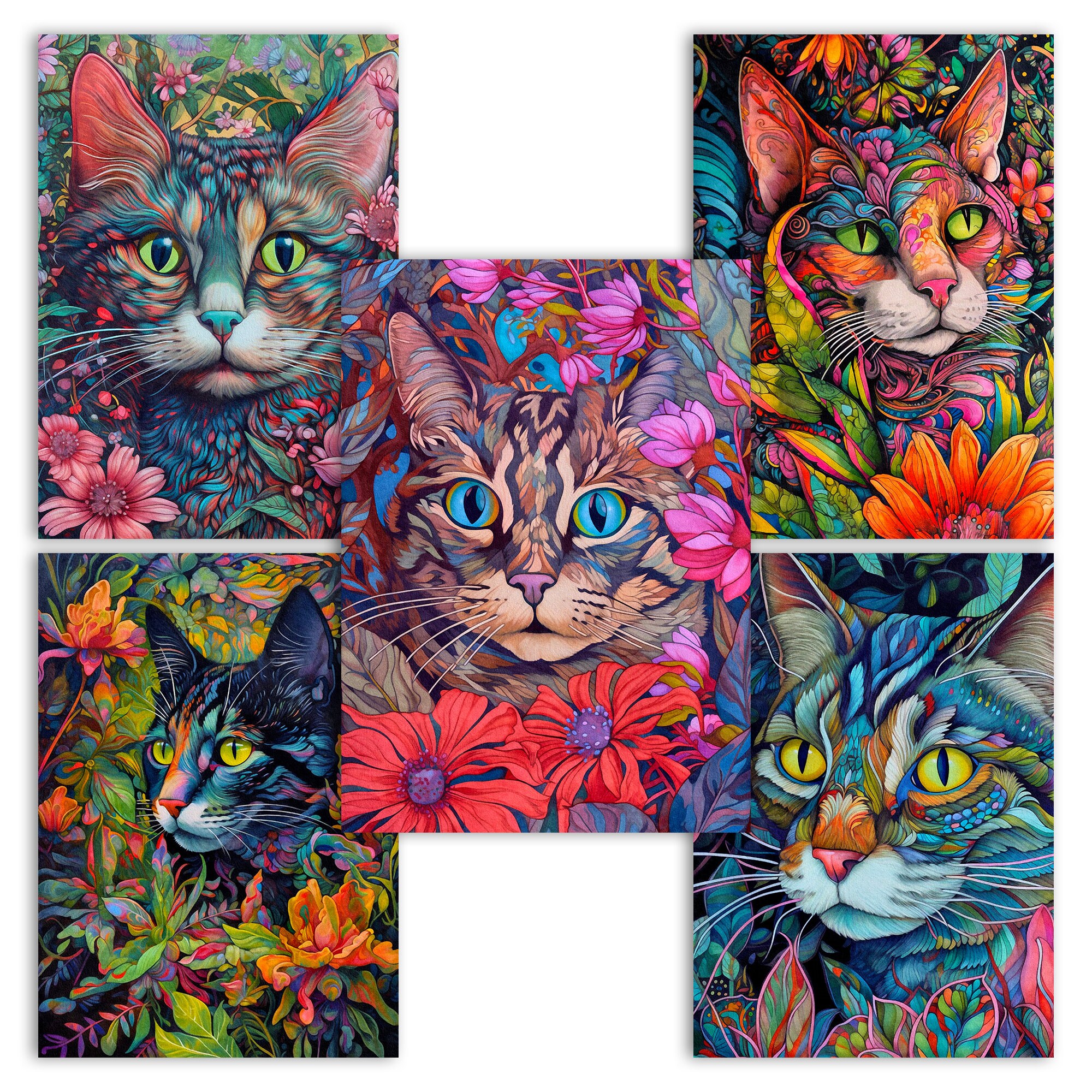 Floral Cat Portrait Postcard and Poster Set Printable Digital Design ...
