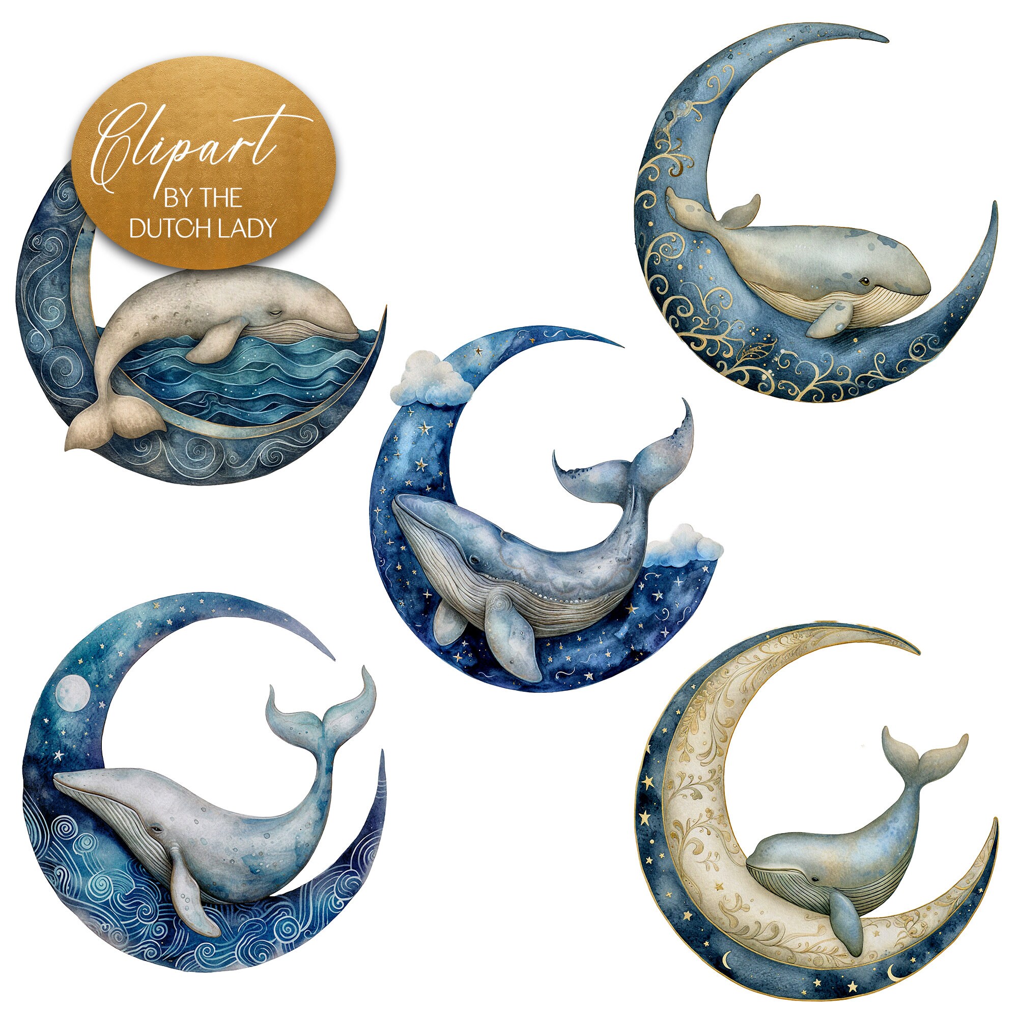 Whimsical Whales Clipart Set Enchanted Ocean & Sea Graphics Whale in ...