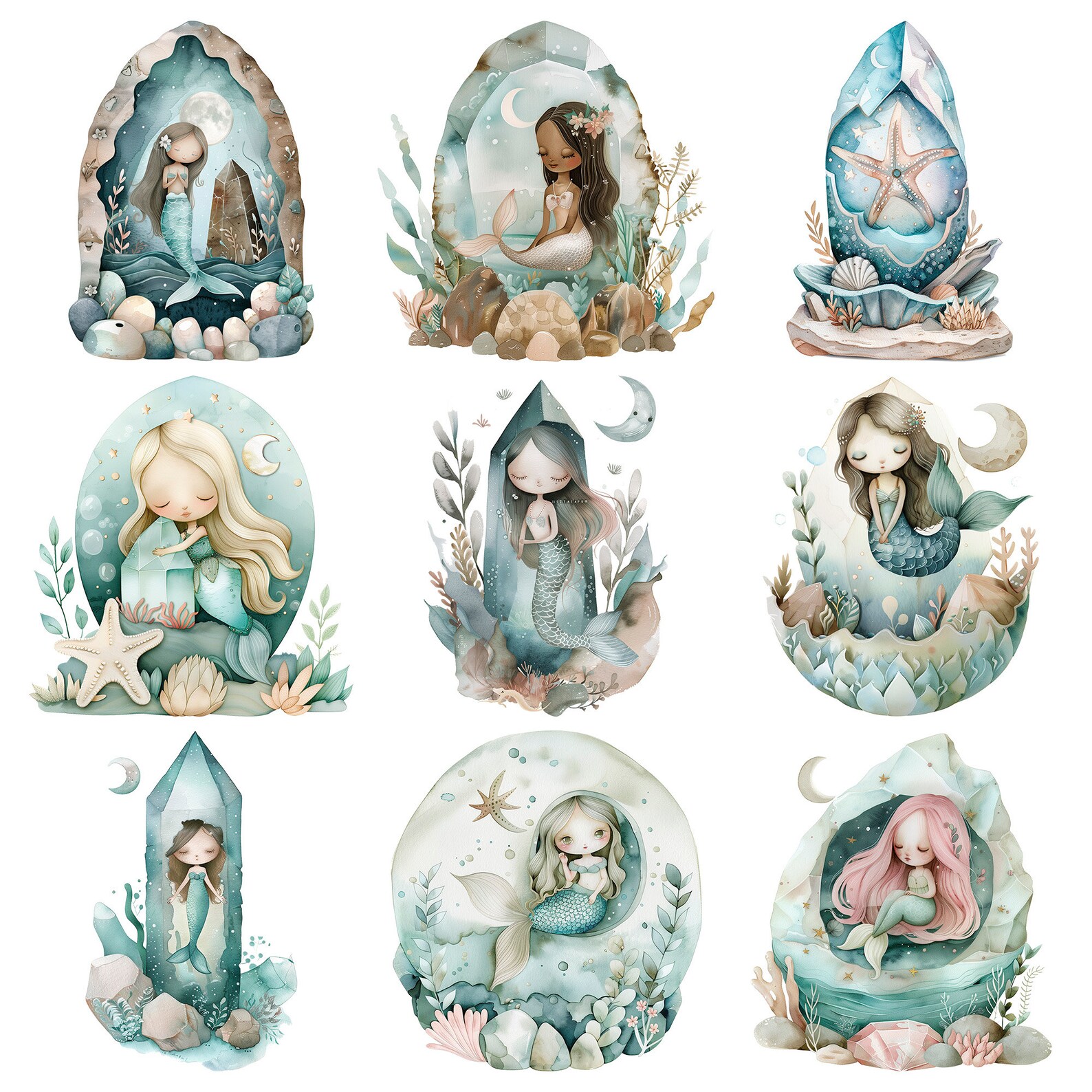 Crystal Ocean Clipart Set, Enchanted Sea Illustrations, Watercolor ...