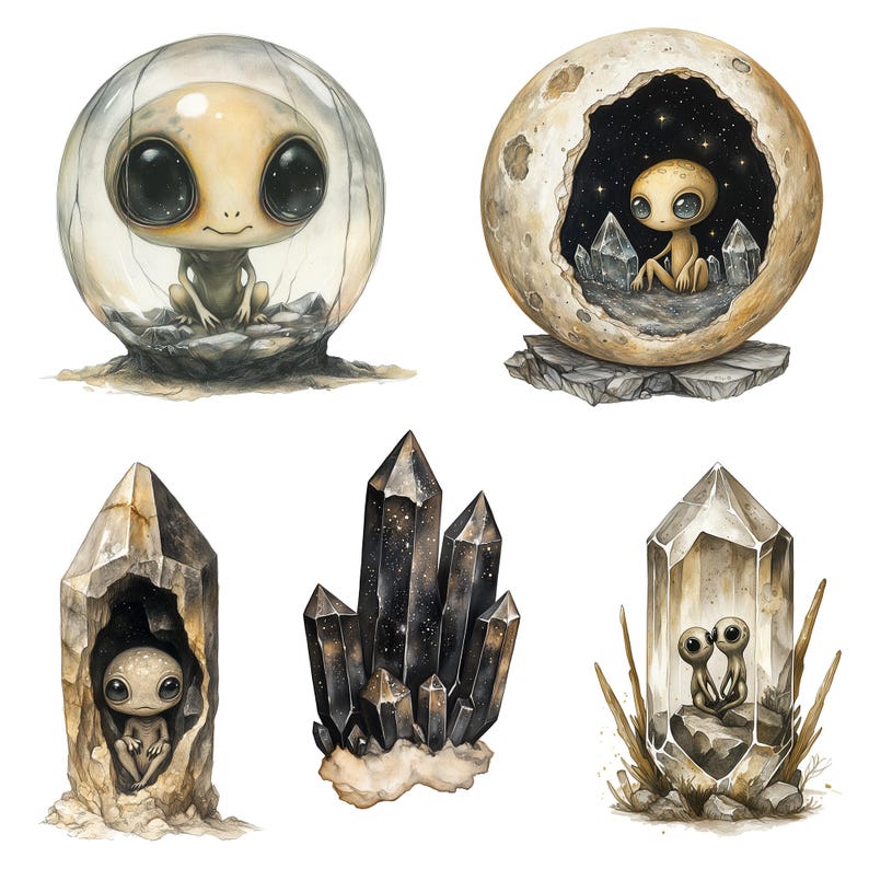 Crystal Aliens Clipart Set: Whimsical Space Graphics (commercial Use ...