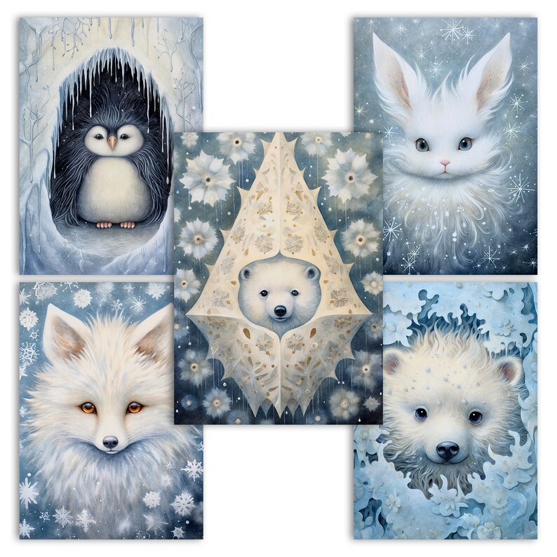Snow Animals Postcard Poster Set - Printable Digital Card Designs ...