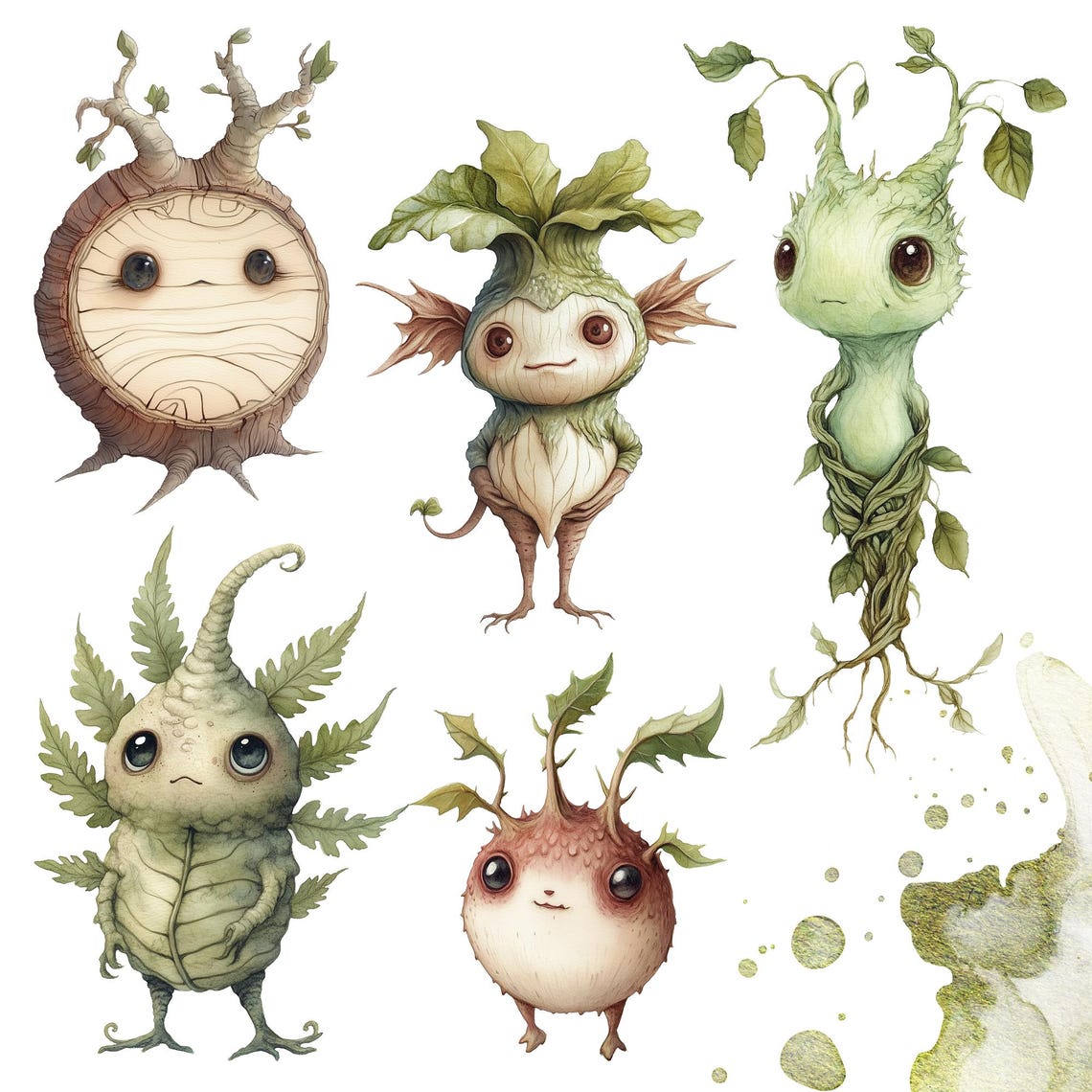 Whimsical Botanical Creatures Clipart: Fantasy Nature Graphics (instant ...