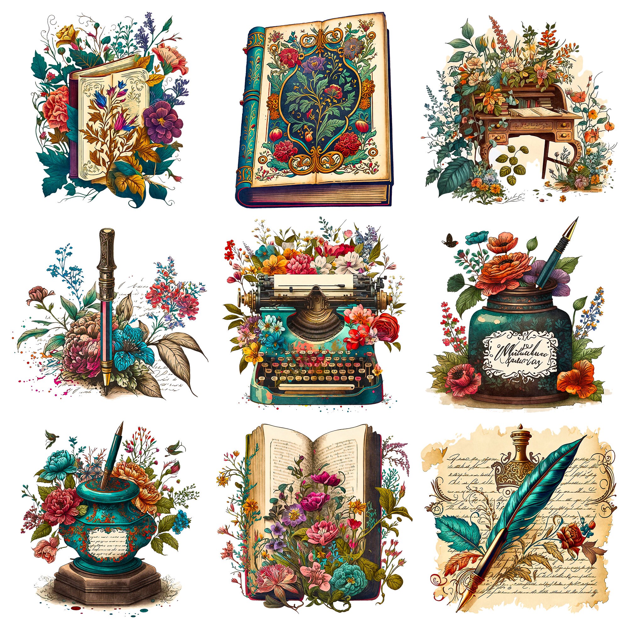 The Victorian Writer Clipart Set - Colorful Floral Digital Images ...