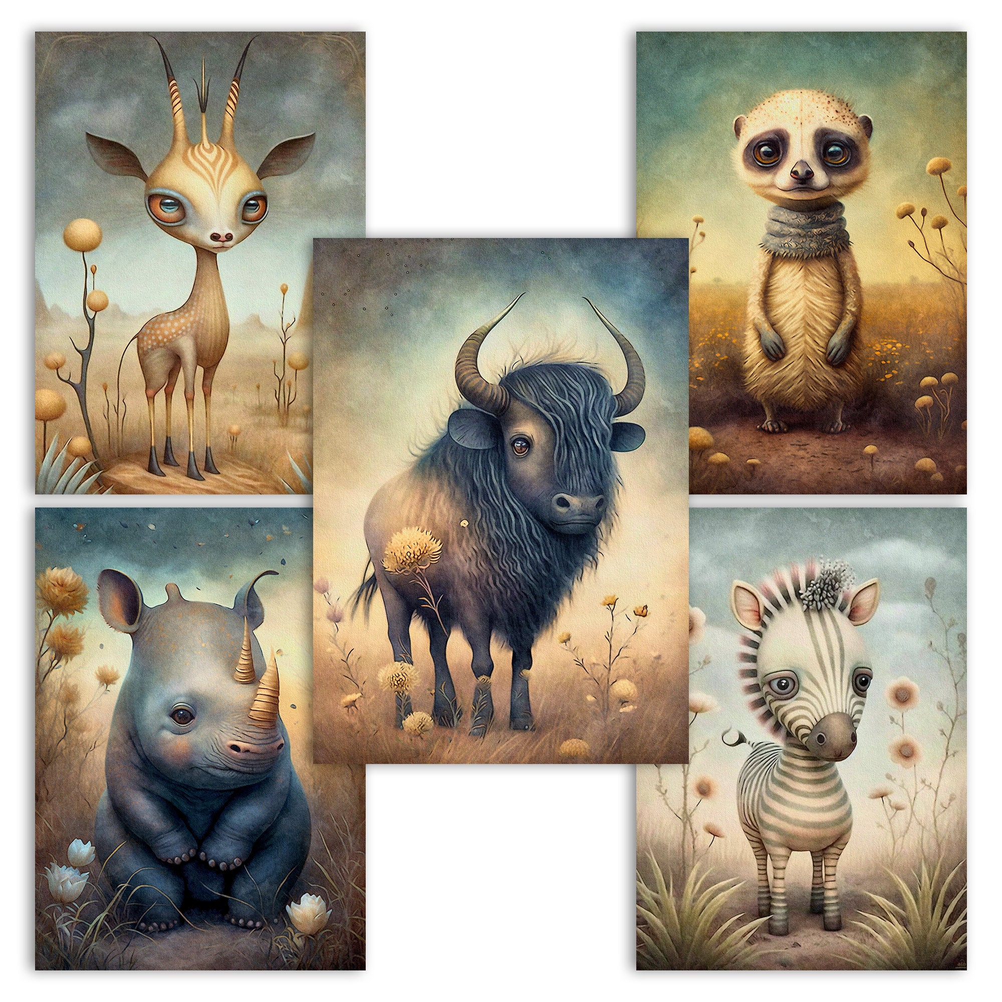 Cute Savanna Animal Postcard and Poster Set, African Safari Animal Art ...