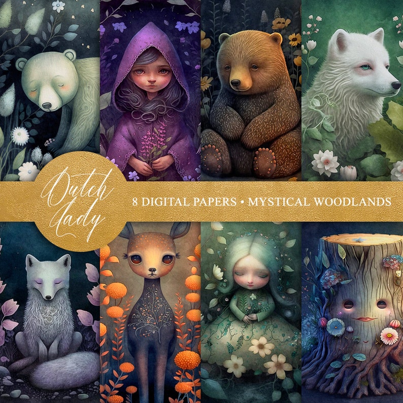 Mystical Woodlands Digital Art Backgrounds Printable Scrapbook Paper Animals Purple Riding Hood ...