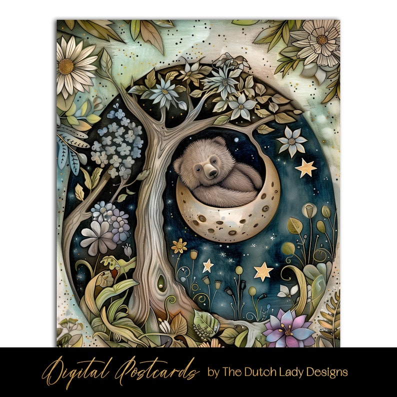 Moon Animals Postcard and Poster Set, Printable Digital Art, Forest ...