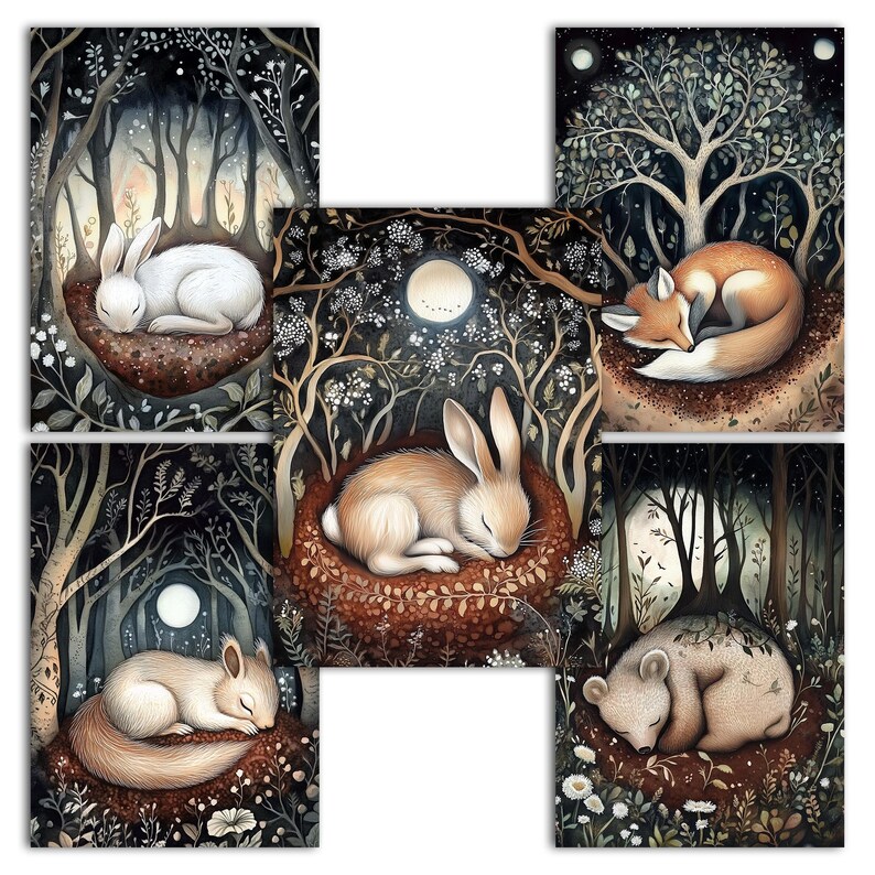 Sleepy Woodlands Postcard & Poster Set, Moonlit Forest Animals, Cute ...