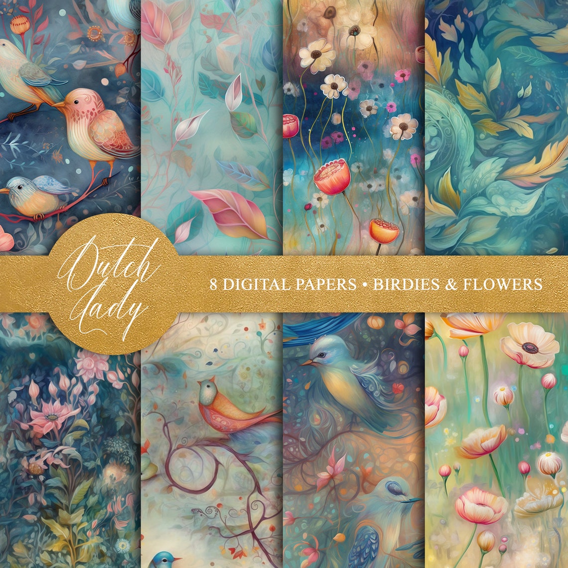 Birdies & Flowers Digital Backgrounds Printable Scrapbook Paper Set ...